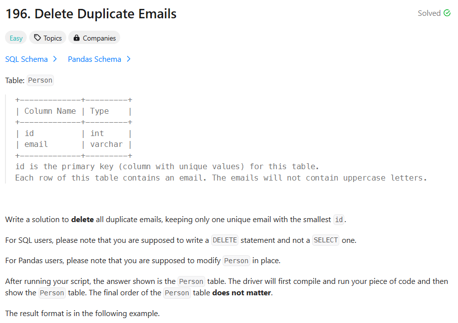 196. Delete Duplicate Emails
