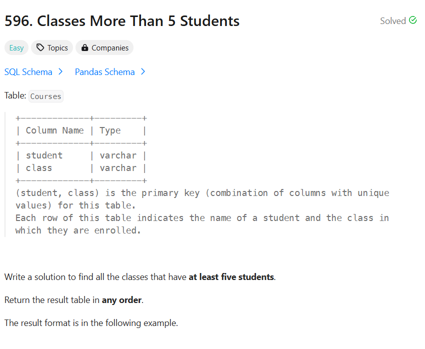 596. Classes More Than 5 Students 596. Classes More Than 5 Students