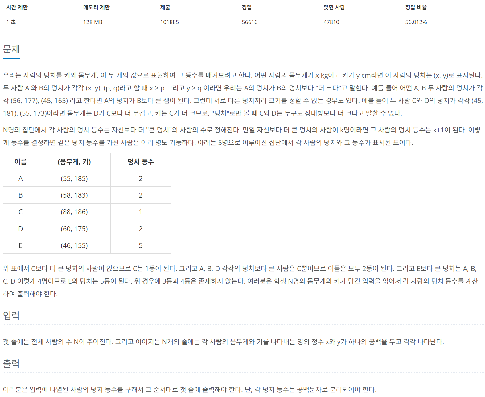 백준 7568번 (JAVA) - 덩치 [Silver 5]