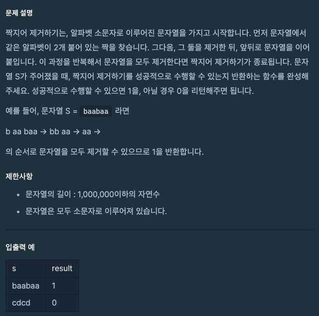[프로그래머스/Java] Lv.2 짝지어 제거하기