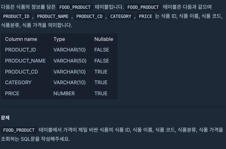 프로그래머스 LV2 - 가격이 제일 비싼 식품의 정보 출력하기 (SQL - MySQL)