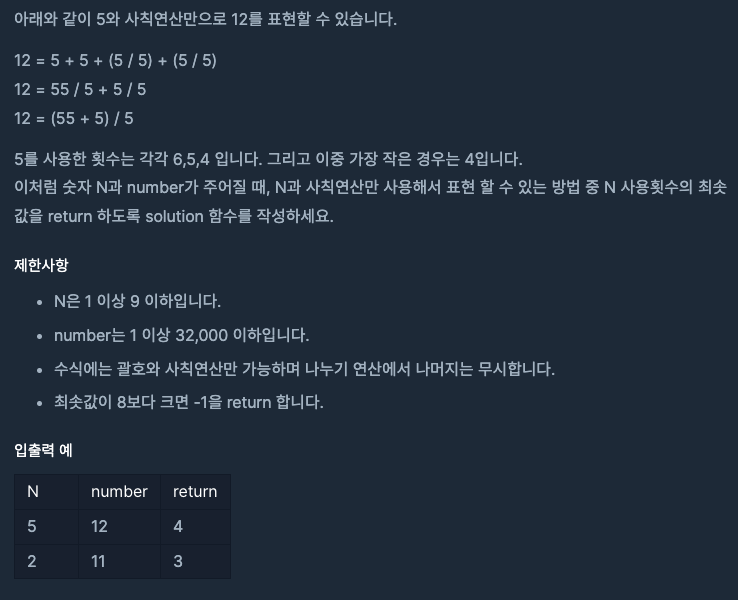 프로그래머스 LV3 - N으로 표현 (JavaScript, 동적계획법)