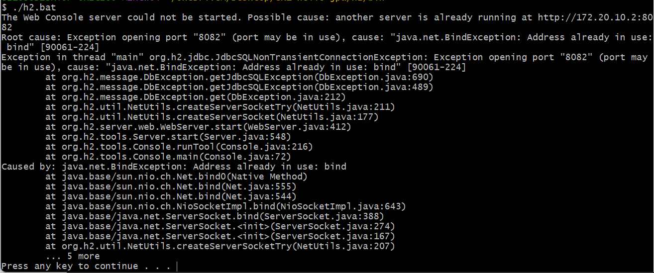 [오류] h2 db 실행 오류 ( java.net.BindException: Address already in use: bind)