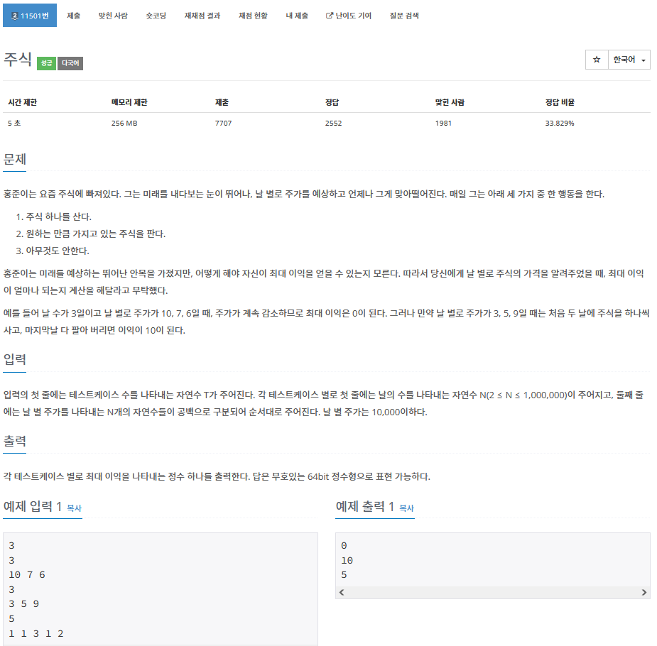 [BOJ]백준#11501 Silver 2 주식💰 (Python, 파이썬)