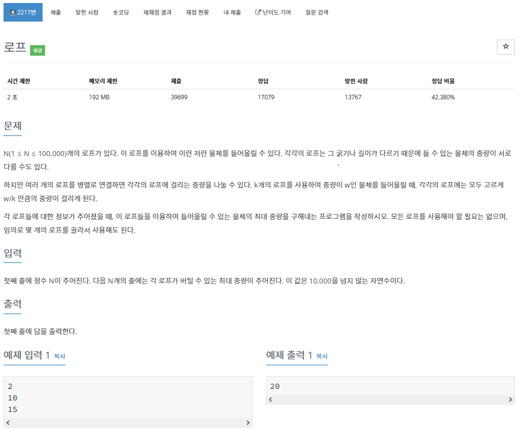 [BOJ]백준#2217 Silver 4 로프🪢(Python, 파이썬)