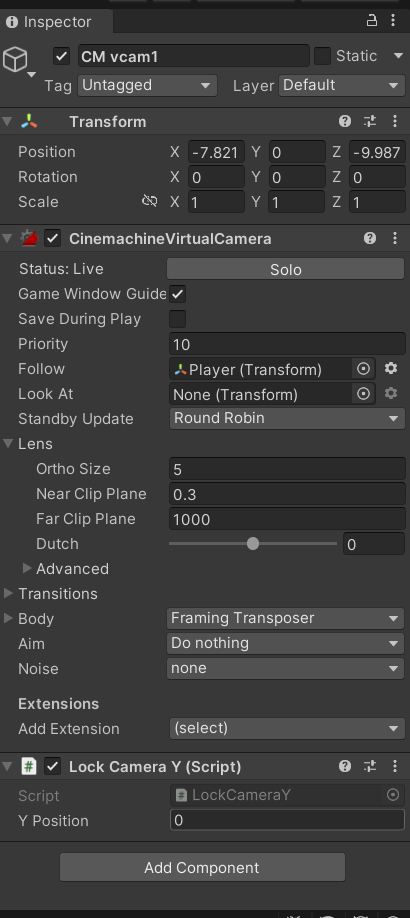 Unity 2D Cinemachine 이용, Cinemachine y축 고정시키기.
