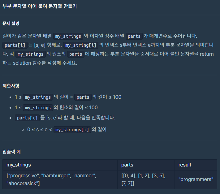 프로그래머스 코딩테스트 기초 부분 문자열 이어 붙여 문자열 만들기 Java