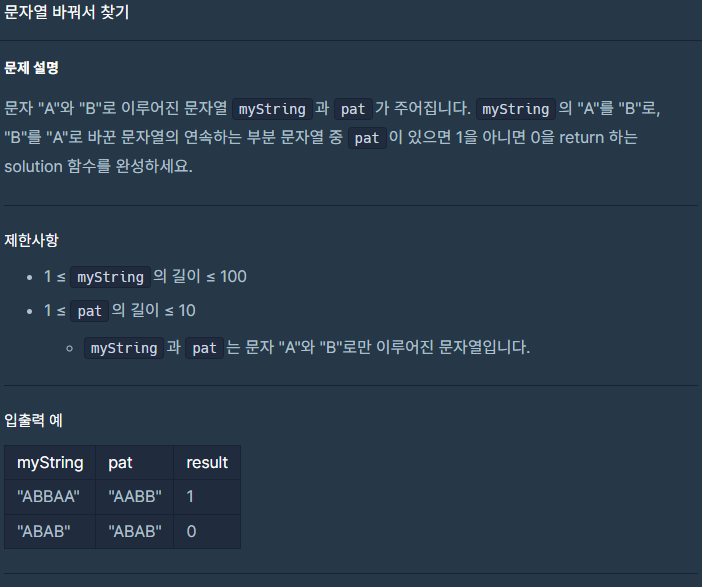 프로그래머스 코딩테스트 기초 문자열 바꿔서 찾기 Java