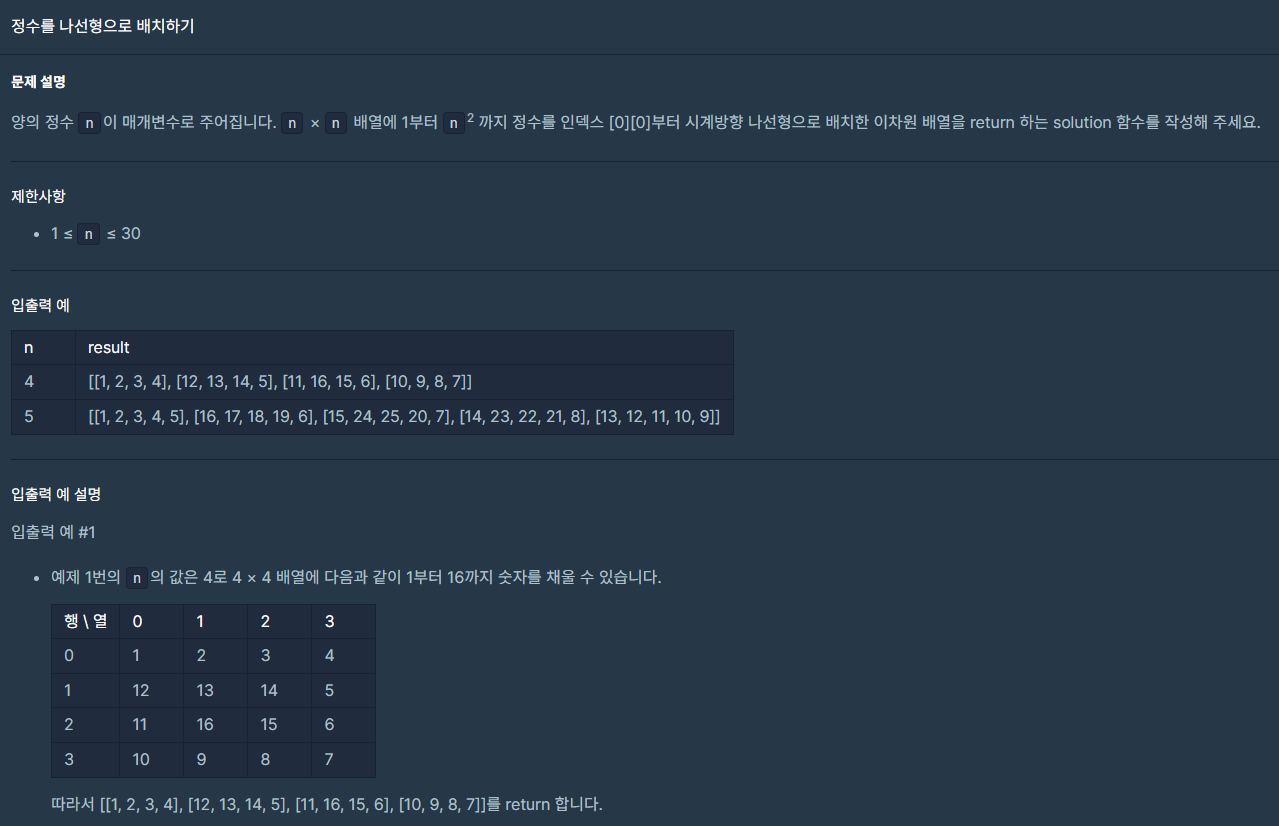 프로그래머스 코딩테스트 기초 정수를 나선형으로 배치하기 Java