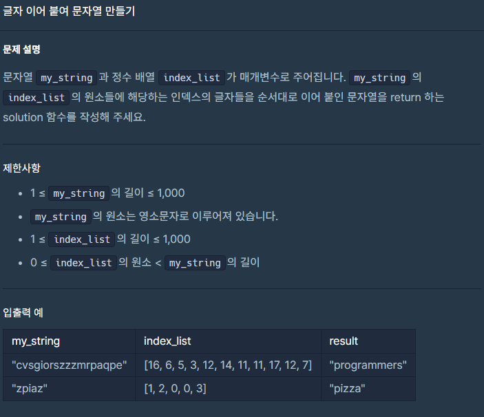 프로그래머스 코딩테스트 기초 글자 이어 붙여 문자열 만들기 Java