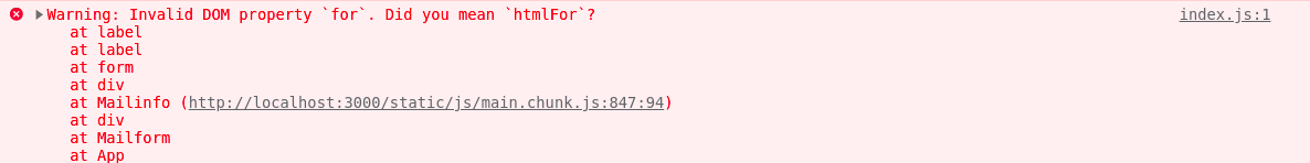 Invalid DOM property `for`