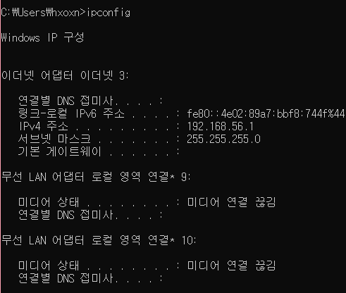 컴퓨터 IP 주소 확인하기 - ipconfig