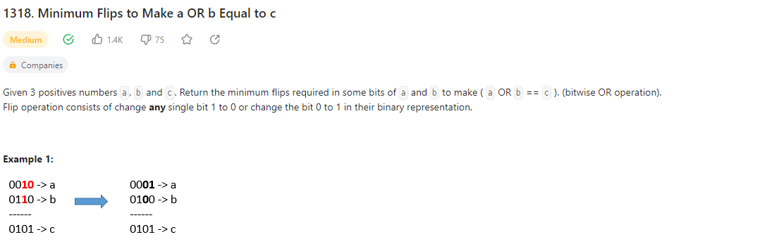 LeetCode 문제풀이 #1318. Minimum Flips to Make a OR b Equal to c LeetCode 문제풀이 #1318. Minimum Flips to Make a OR b Equal to c