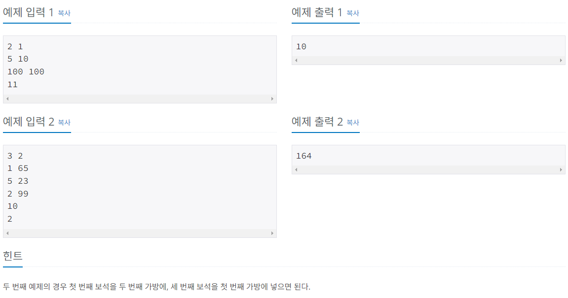 [백준/BOJ] 1202번 : 보석 도둑 (JAVA/자바)