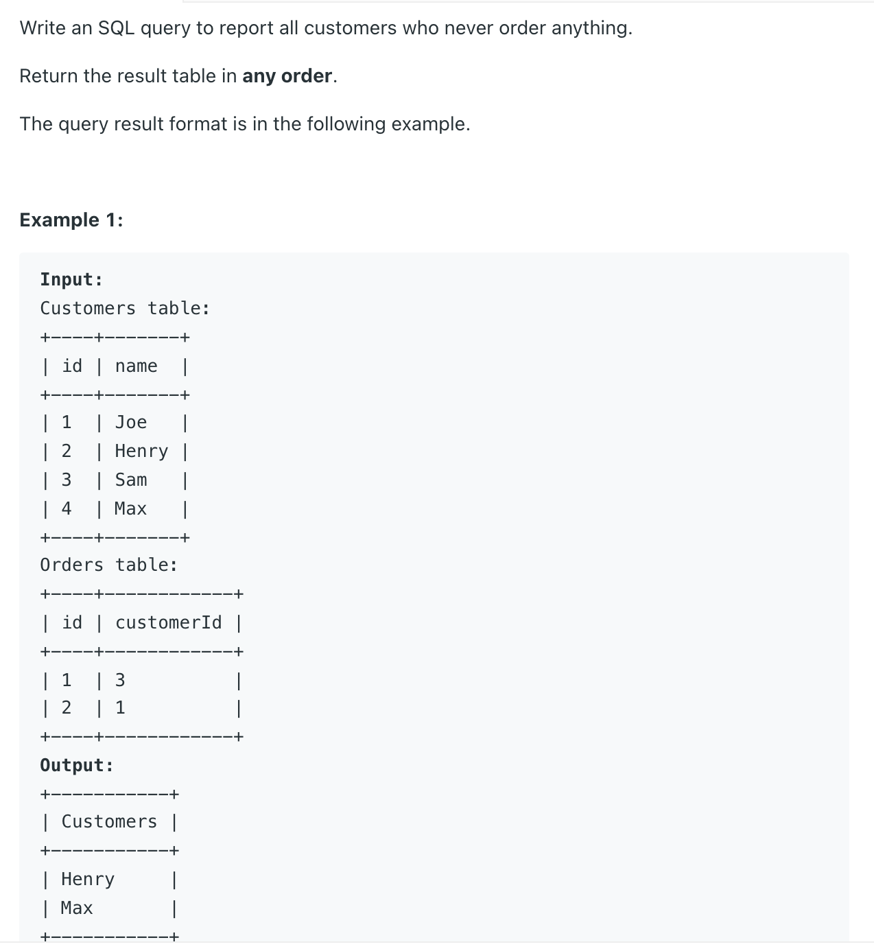 [Leetcode] 183. Customers Who Never Order (MySQL)