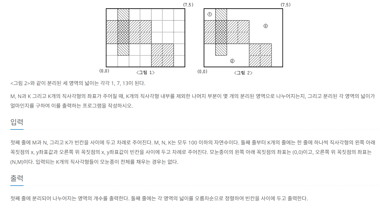 [Java] 백준 2583번: 영역 구하기