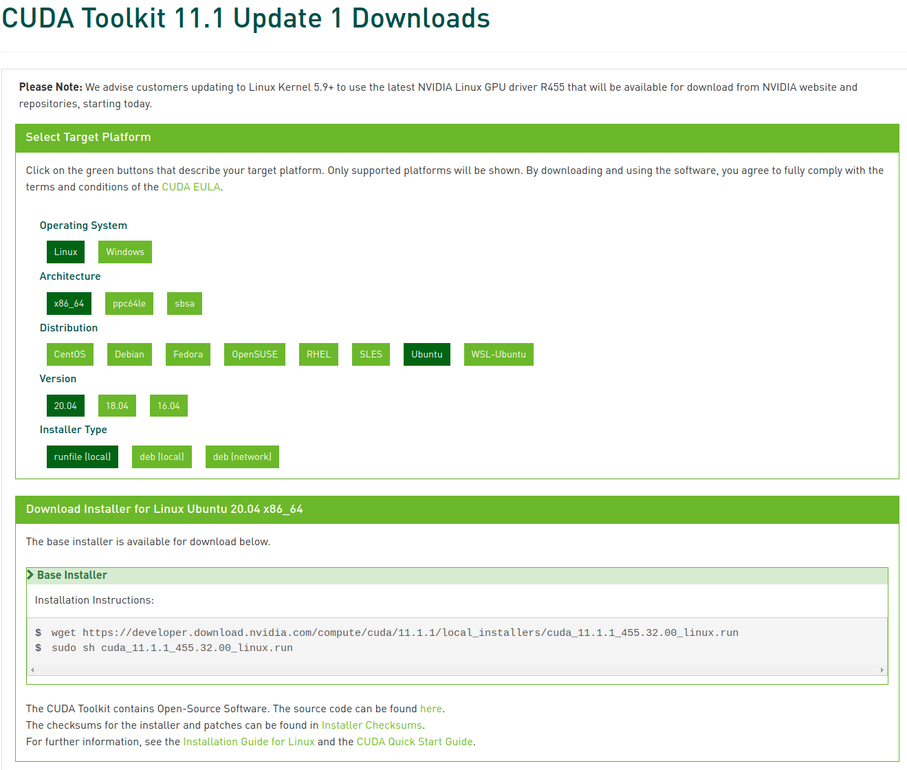 Install CUDA11.1 and PyTorch on Ubuntu20.04