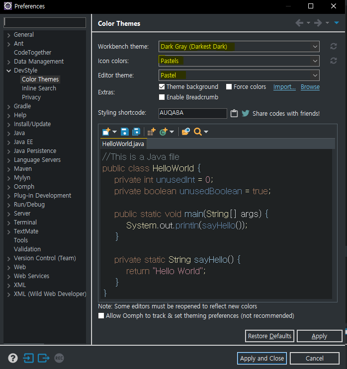 [JAVA] eclipse 테마 변경하기 / DevStyle