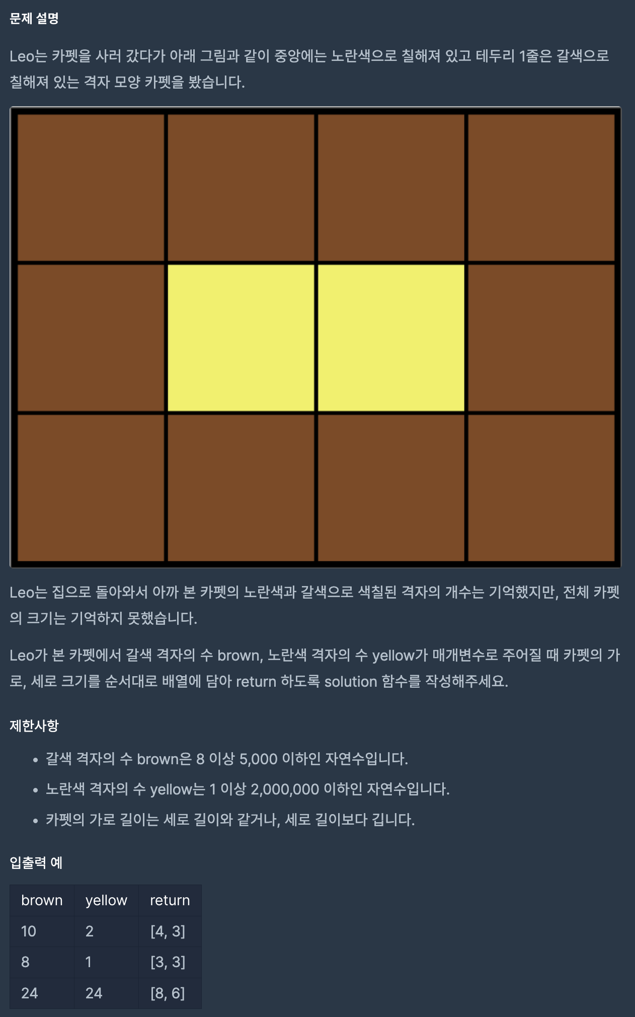 [프로그래머스] Lv2 카펫 (Javascript)