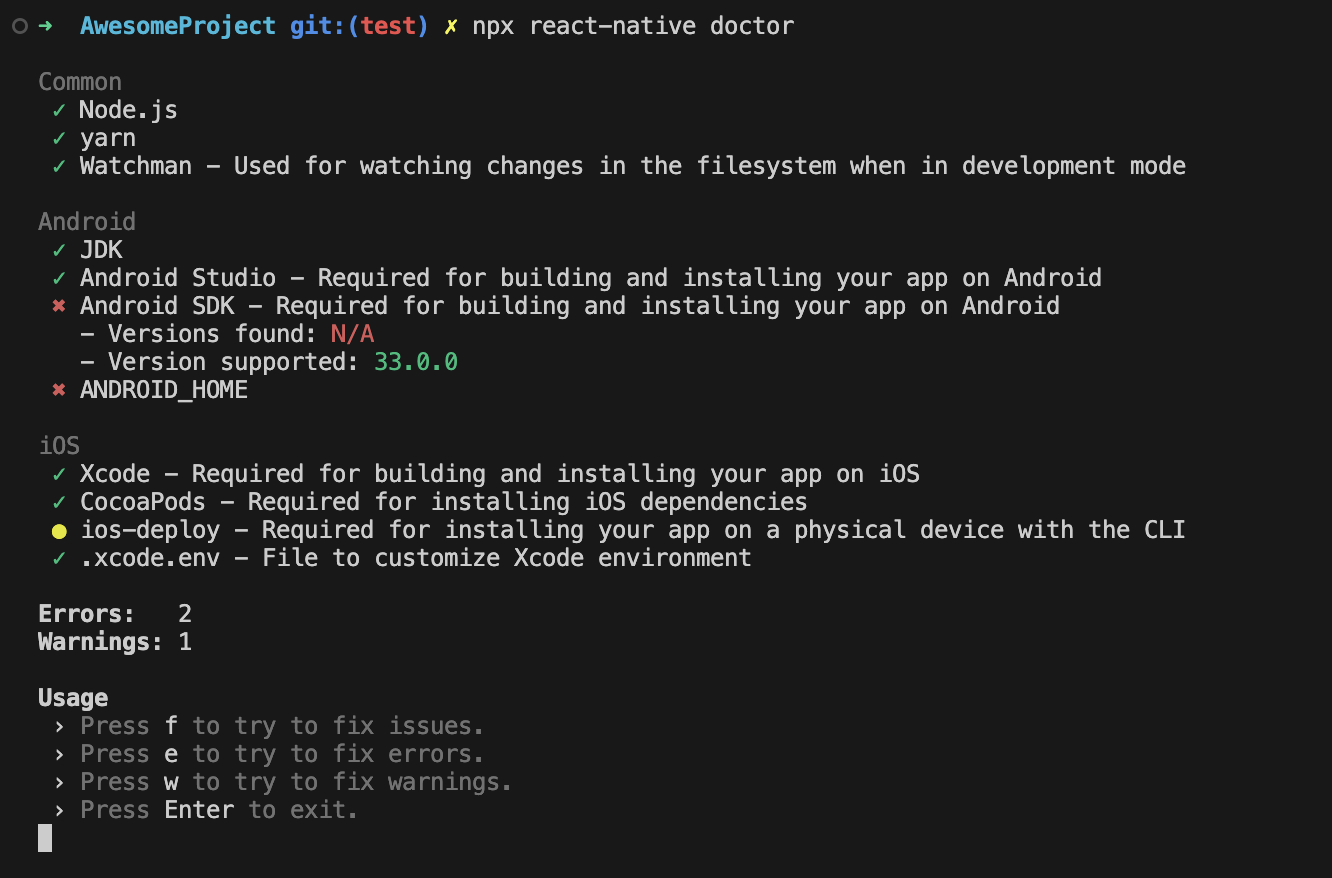 [React-native] react-native doctor로 초기세팅 확인하기