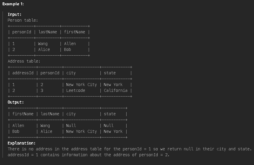[LeetCode, MySQL, Eeasy] 175. Combine Two Tables