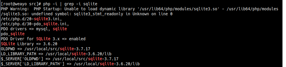 PHP Warning: PHP Startup: Unable to load dynamic library '/usr/lib64/php/modules/sqlite3.so ...