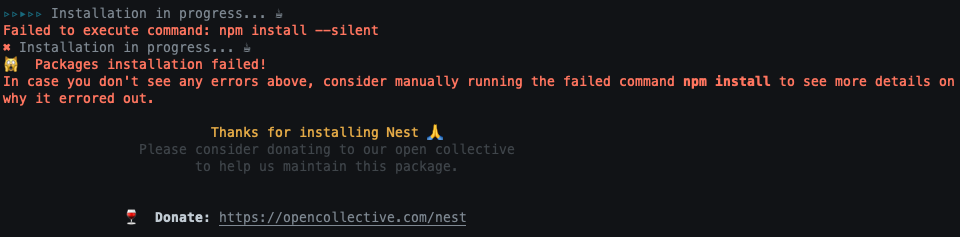 [NestJS] 프로젝트 생성시 오류 (Failed to execute command: npm install --silent)