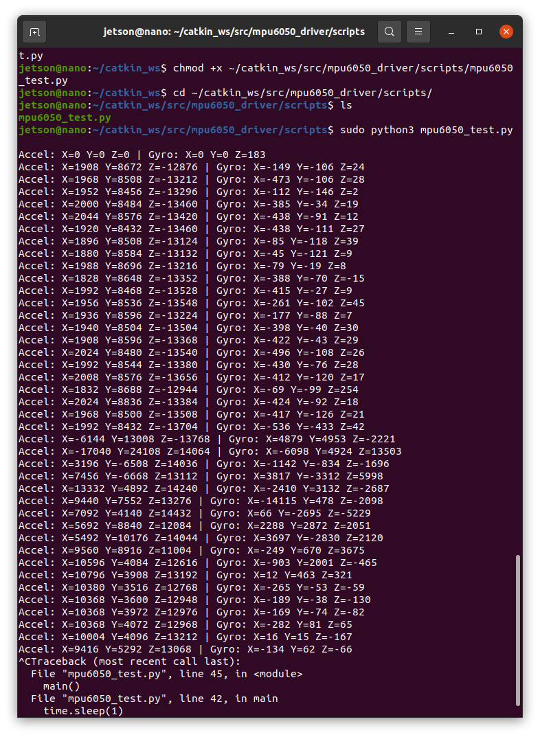 (Jetson Project#6)MPU6050 GY-521 6-Axis IMU Sensor_Custom Script Create