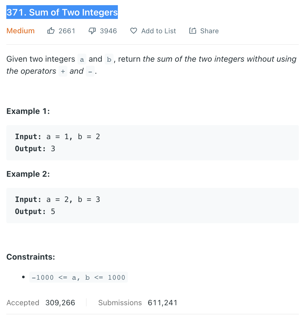 Leetcode 371 Sum Of Two Integers