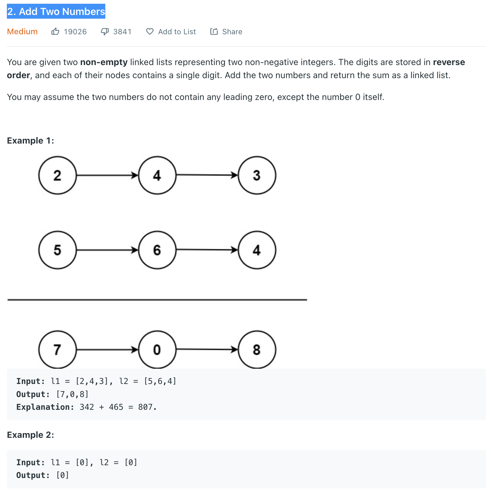 Leetcode 2 Add Two Numbers