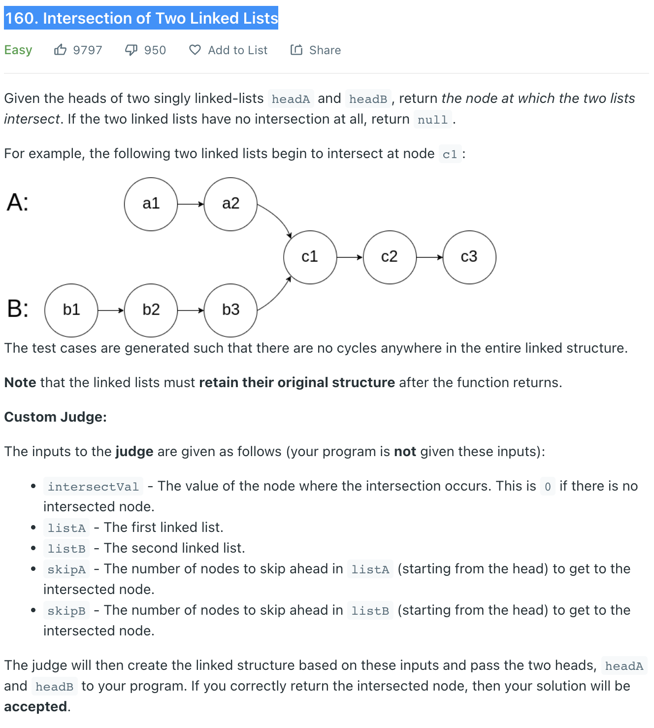 Leetcode 160 Intersection Of Two Linked Lists