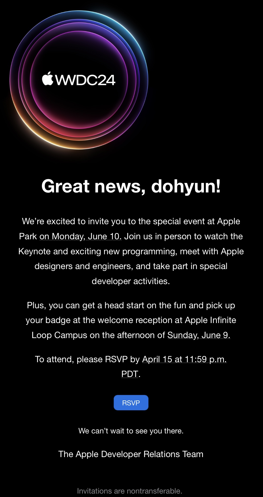 Apple WWDC24 행사에 초대받았습니다.
