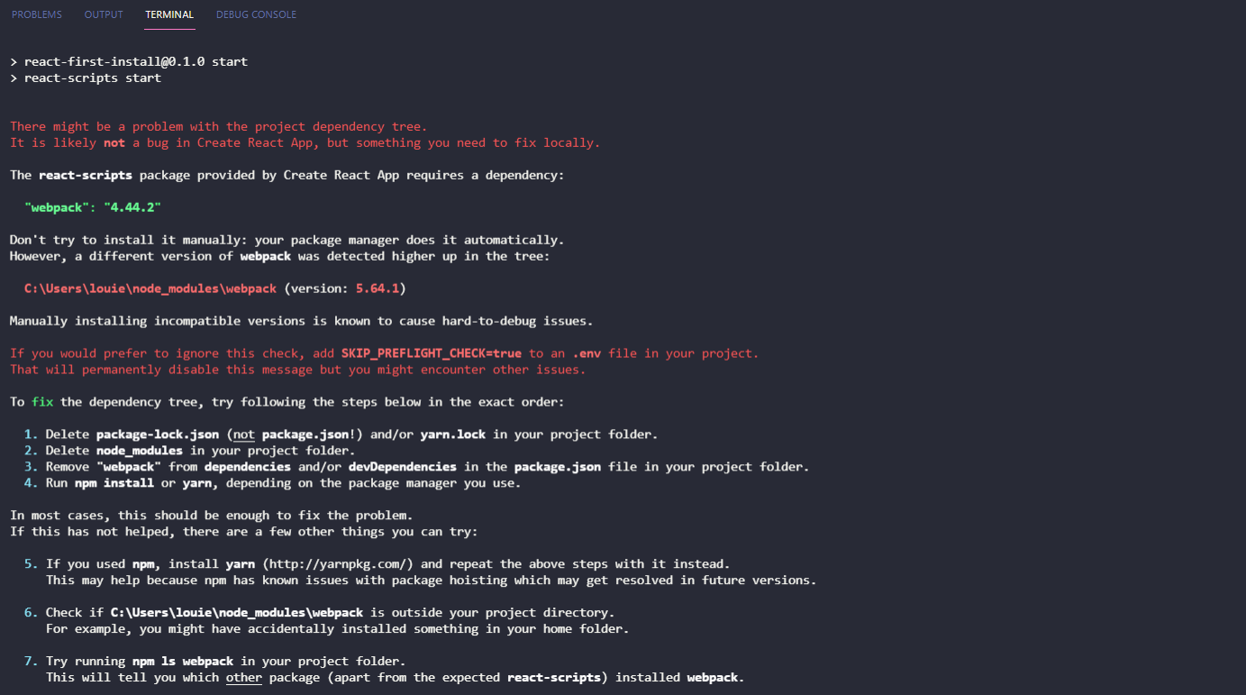 [React] npm start, webpack 버전 에러