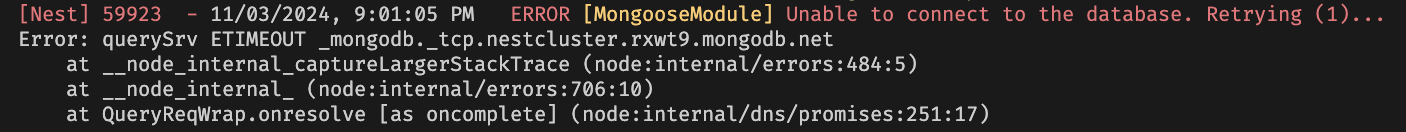 MongoDB Error: querySrv ETIMEOUT