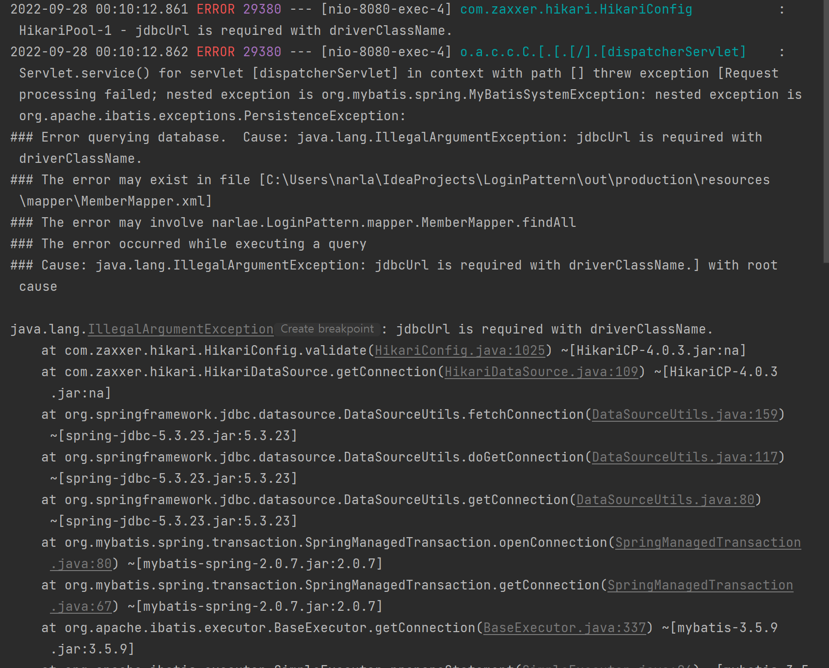 Spring Boot Mybatis 설정 오류