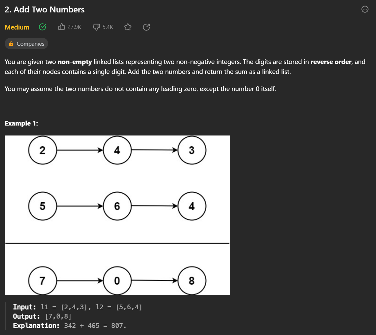  LeetCode 2 Add Two Numbers 