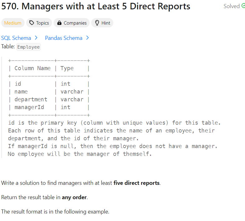 [SQL 심화] 리트코드 3문제::570. Managers with at Least 5 Direct Reports,1934 ...