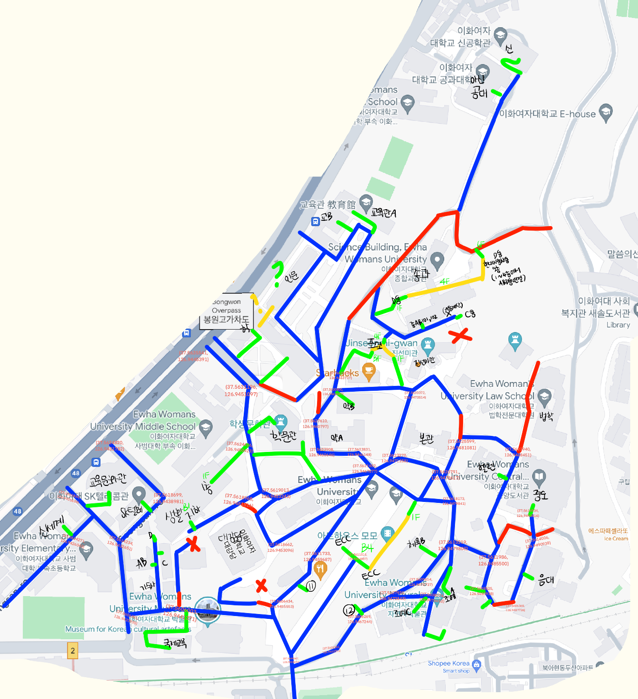 캠퍼스 Access Map 기획과 개발 14주차 교내 탐방 완료 데이터베이스 좌표 추가 Esri Arcgis 학생
