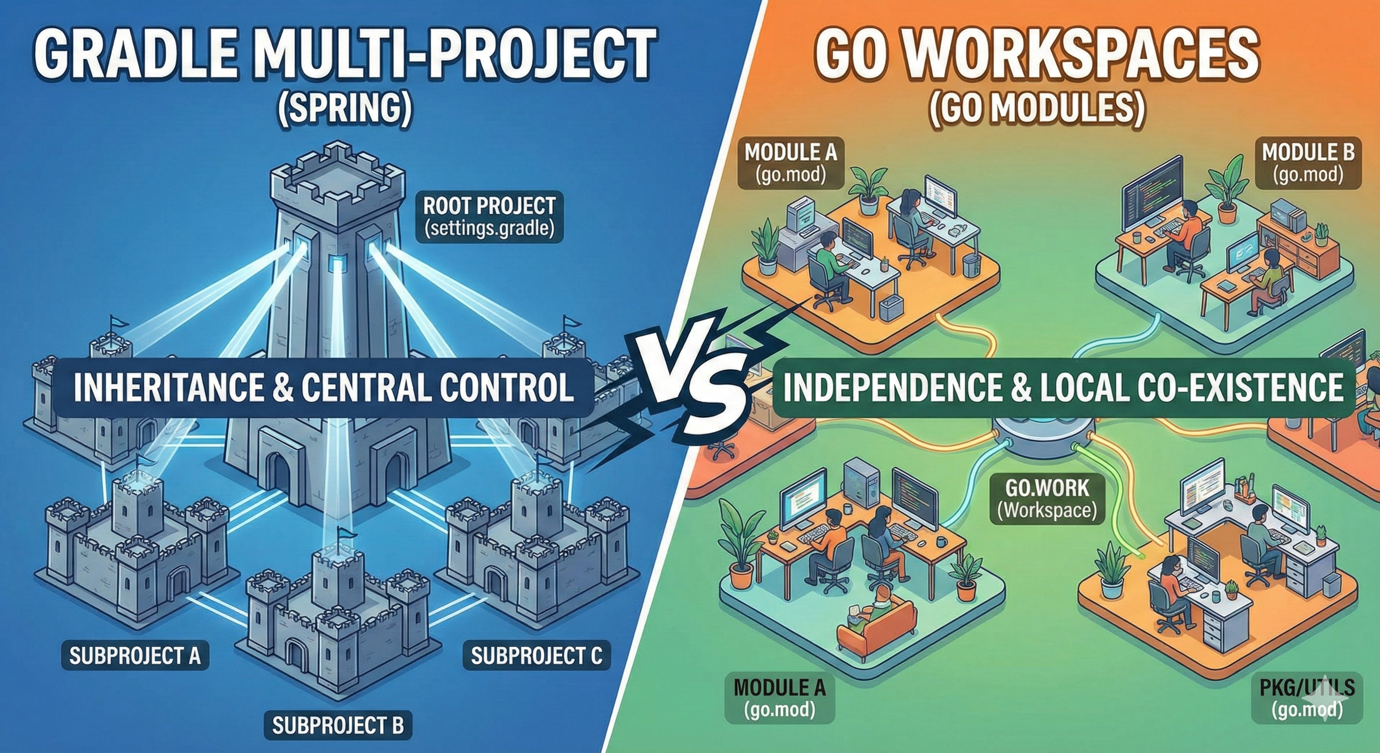 [Go] Java 개발자가 본 Gradle vs Go Workspaces : '상속'과 '공존'의 차이