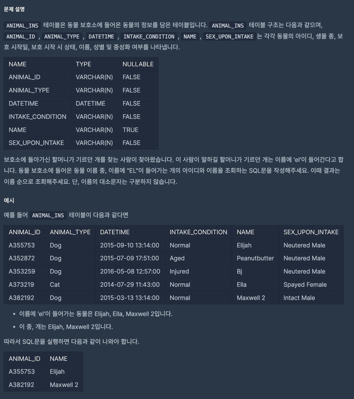 [SQL 고득점 Kit / String, Date ] Level 2 - 이름에 el이 들어가는 동물 찾기
