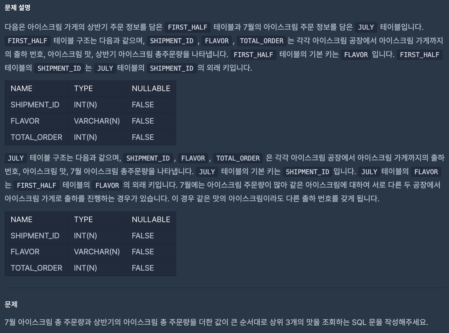 [SQL 고득점 Kit / JOIN ] Level 4 - 주문량이 많은 아이스크림들 조회하기