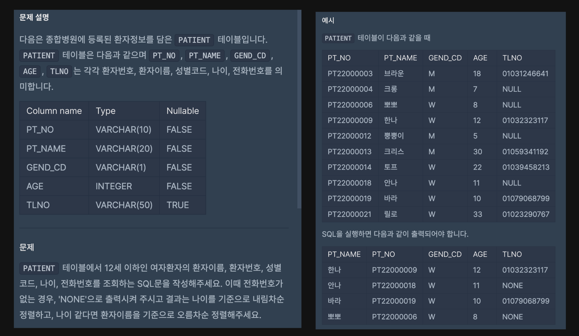 Sql 고득점 Kit Select Level 1 12세 이하인 여자 환자 목록 출력하기