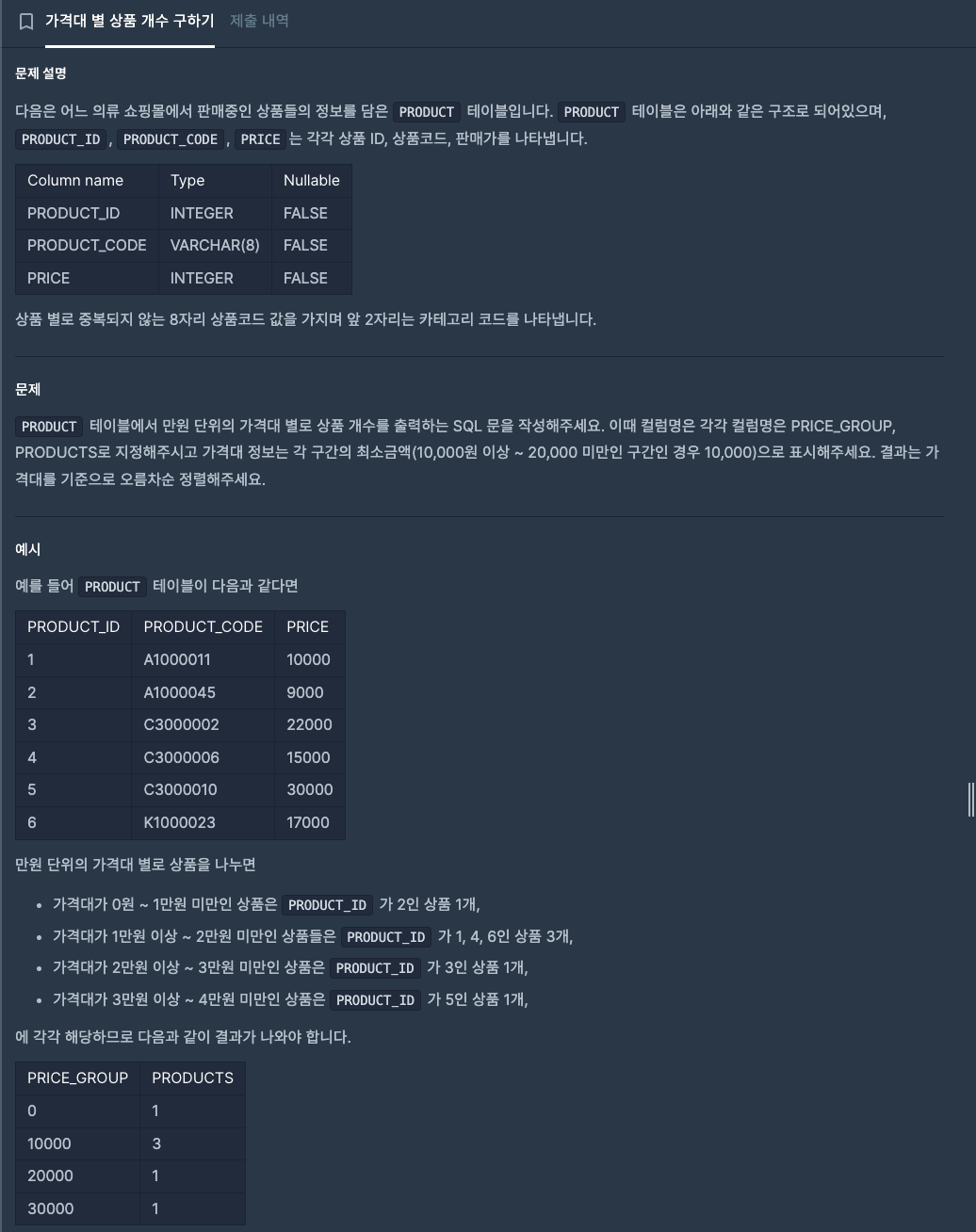 [SQL 고득점 Kit / GROUP BY ] Level 2 - 가격대 별 상품 개수 구하기