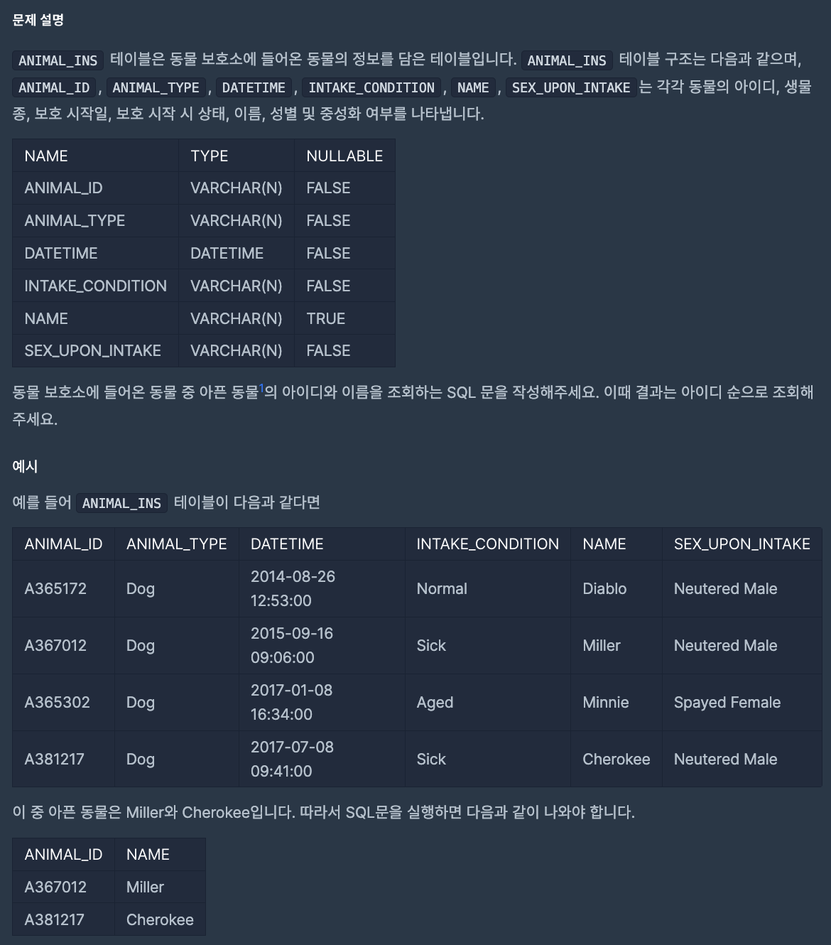 [SQL 고득점 Kit / SELECT ] Level 1 - 아픈 동물 찾기