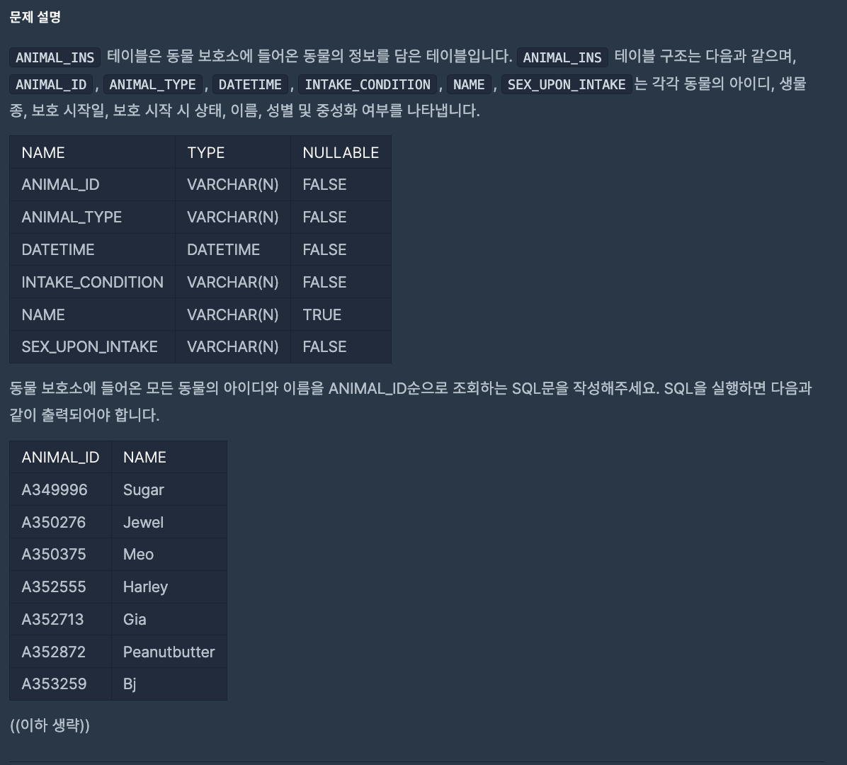 [SQL 고득점 Kit / SELECT ] Level 1 - 동물의 아이디와 이름