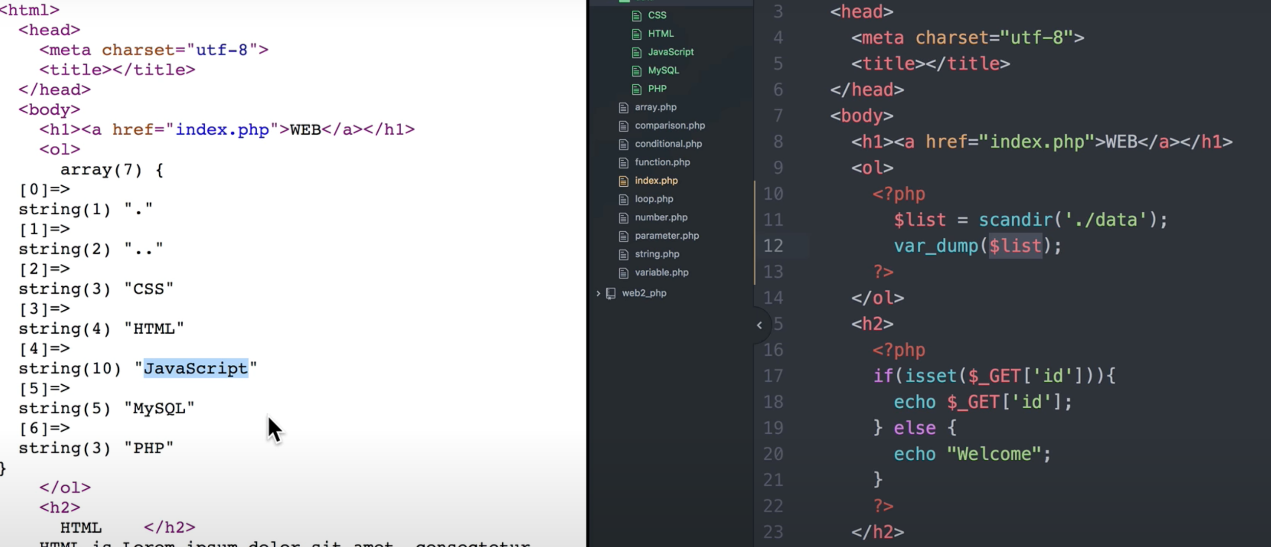 [생활코딩] WEB2 - PHP 7~12. 함수/비교연산자/조건문/반복문/배열