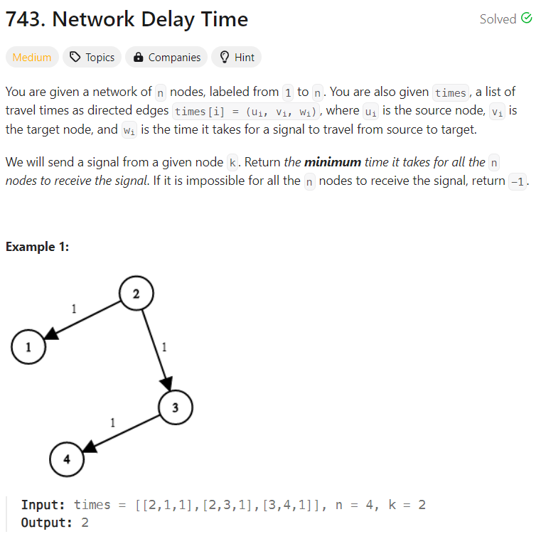 04/02 코딩테스트 문제풀이 - 743. Network Delay Time (Leetcode) ⭐⭐⭐⭐⭐