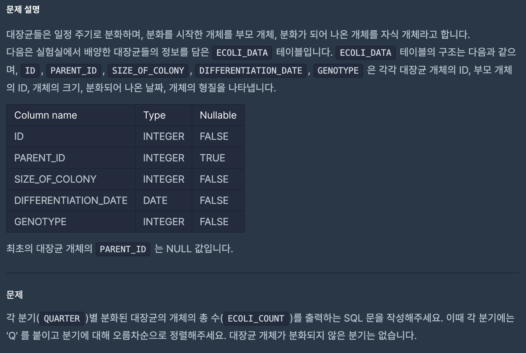 [MySQL_Lv2] 분기별 분화된 대장균의 개체 수 구하기. QUARTER()