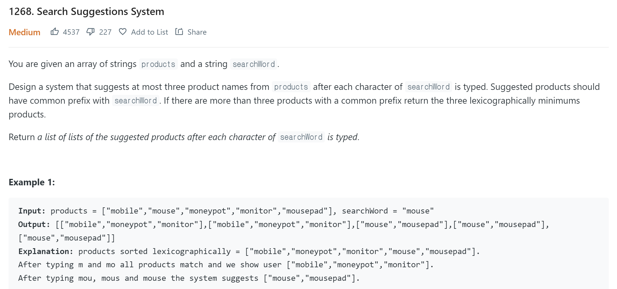 [이진탐색 문제] Leetcode 1268. 1268. Search Suggestions System