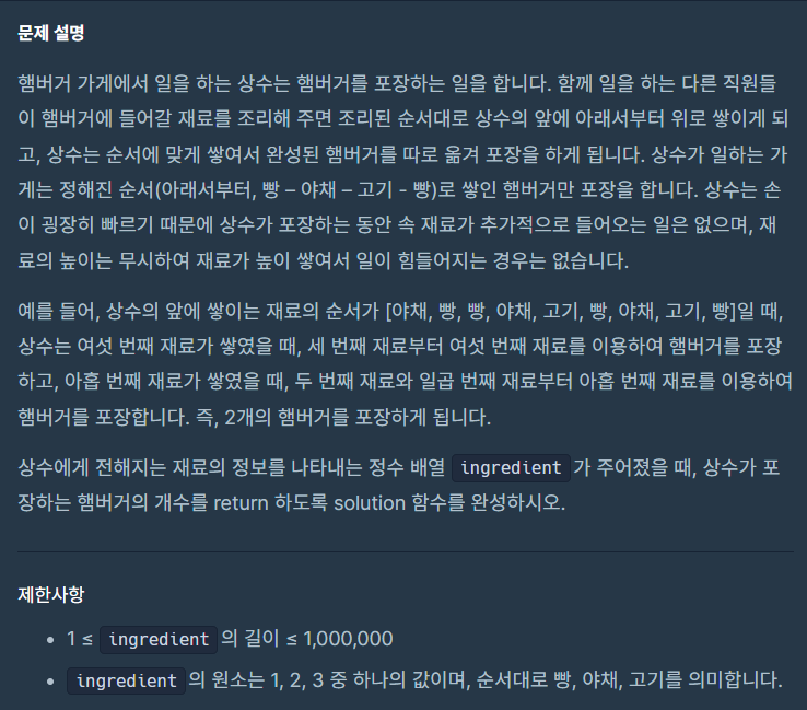 [프로그래머스] Lv1_햄버거 만들기 (Python)